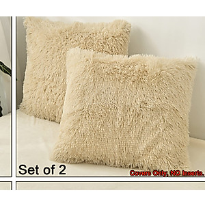 MorroMorn Shaggy Throw Pillow Covers, Luxury Long Faux Fur Decorative Pillows Shams, Square Pillow Cases Set, Pack of 2 Cushion Cover for Bed Couch Soft Fluffy Shaggy Room Decor (Khaki)