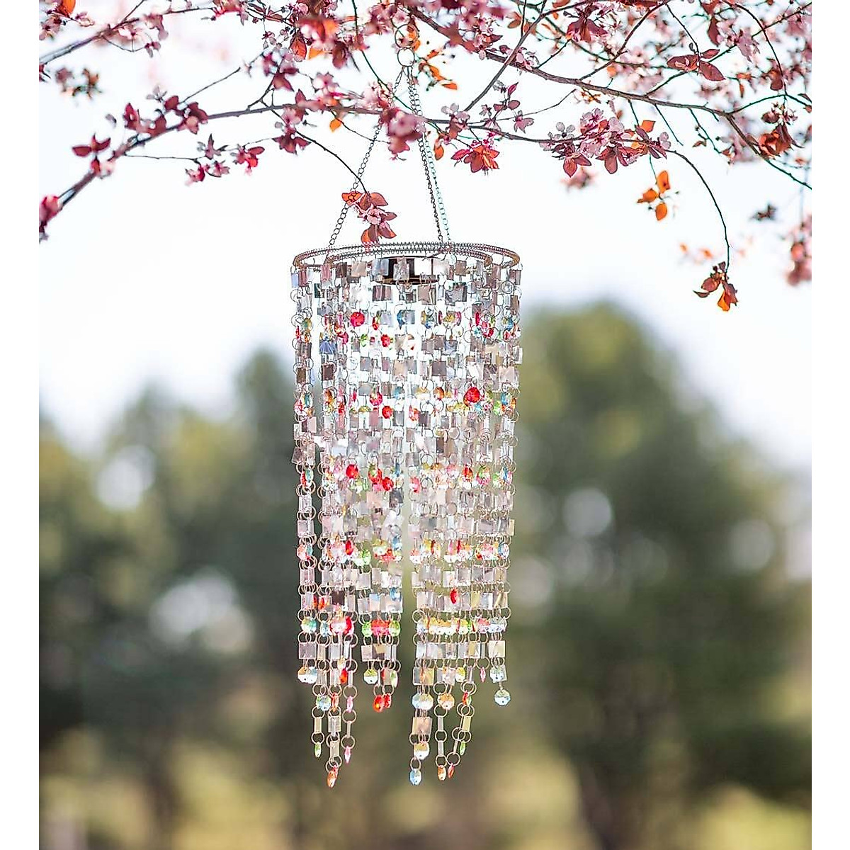 Wind & Weather Concentric Rings Silver and Multi-Colored Mirrored Outdoor Chandelier with Solar Lights Powered by Discreet Solar Panel in Top with Hanging Chain Included, 8½" Dia. x 29" H, Chain 9¼"L