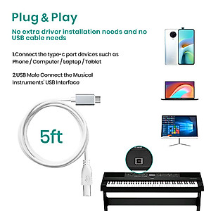 MeloAudio USB C MIDI Cable, Type C to USB 2.0 MIDI Interface Cable for Samsung, Huawei Laptop, MacBook to Connect with Printer, Midi Controller, Midi Keyboard, Audio Interface and More (5FT)