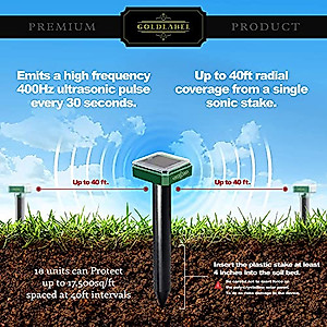 Gold Label 18 Pack Solar Mole Repellent Ultrasonic | Humane Solar Pest Remover Spikes - Gopher Repellent Ultrasonic Solar Powered for Groundhog, Vole, Mole, Snake, Chipmunk, Raccoon, & Squirrels