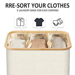 Laundry Hamper with Lid, 170L Extra Large Laundry Hamper 3 Section, Dirty Clothes Hampers with Removable Laundry Bags, Laundry Basket Organizer for Bathroom, Bedroom, Dorm Laundry Room(Beige)