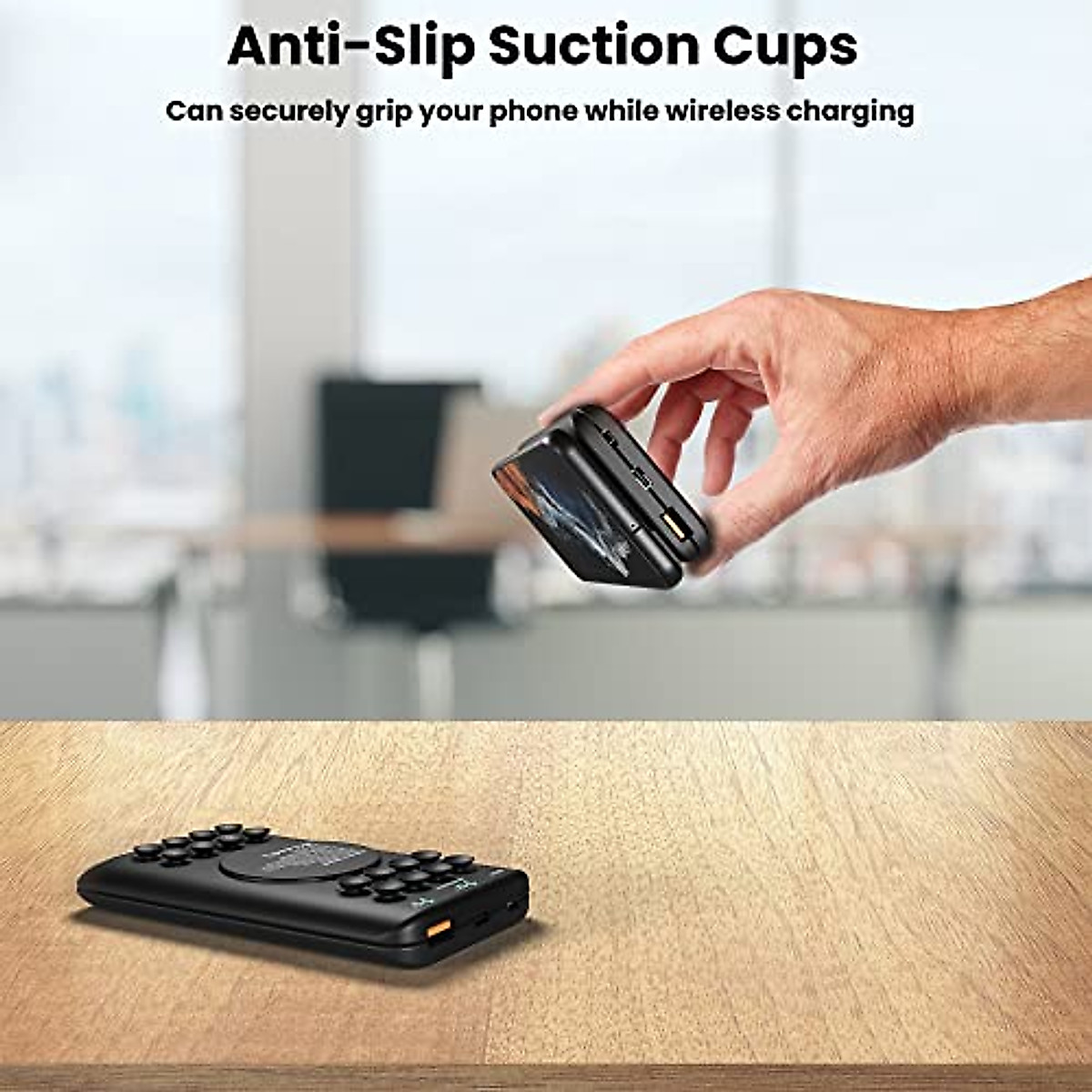TECHSMARTER 12000mAh 18W USB-C PD Wireless Power Bank with Anti-Slip Suction Cups. Portable Charger Compatible with iPhone 15, 14, 13, 12, 11, SE 2020, X, XR, XS, Samsung S23, S22, S21, S20, S10, S9