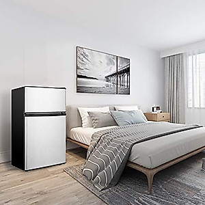 HAILANG Mini Fridge With Freezer,3.2 Cu.Ft Compact Refrigerator With 2 Doors For Bedroom,Office,Kitchen,Apartment,Dorm(Brushed Silver)