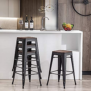 Alunaune 24" Metal Bar Stools Set of 4 Stackable Counter Height Barstools Backless Industrial Kitchen Bar Chairs with Wooden Seat-Matte Black