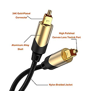 CableCreation 15 Feet Optical Audio Cable, Fiber Digital Optical SPDIF Toslink Cable with Metal Connectors for Home Theater, Sound Bar, DVD/CD Player, TV & More, Black&Gold / 4.5M