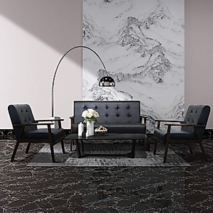 JIASTING Mid Century 1 Loveseat Sofa and 2 Accent Chairs Set Modern Wood Arm Couch and Chair Living Room Furniture Sets (8428 Black Set)