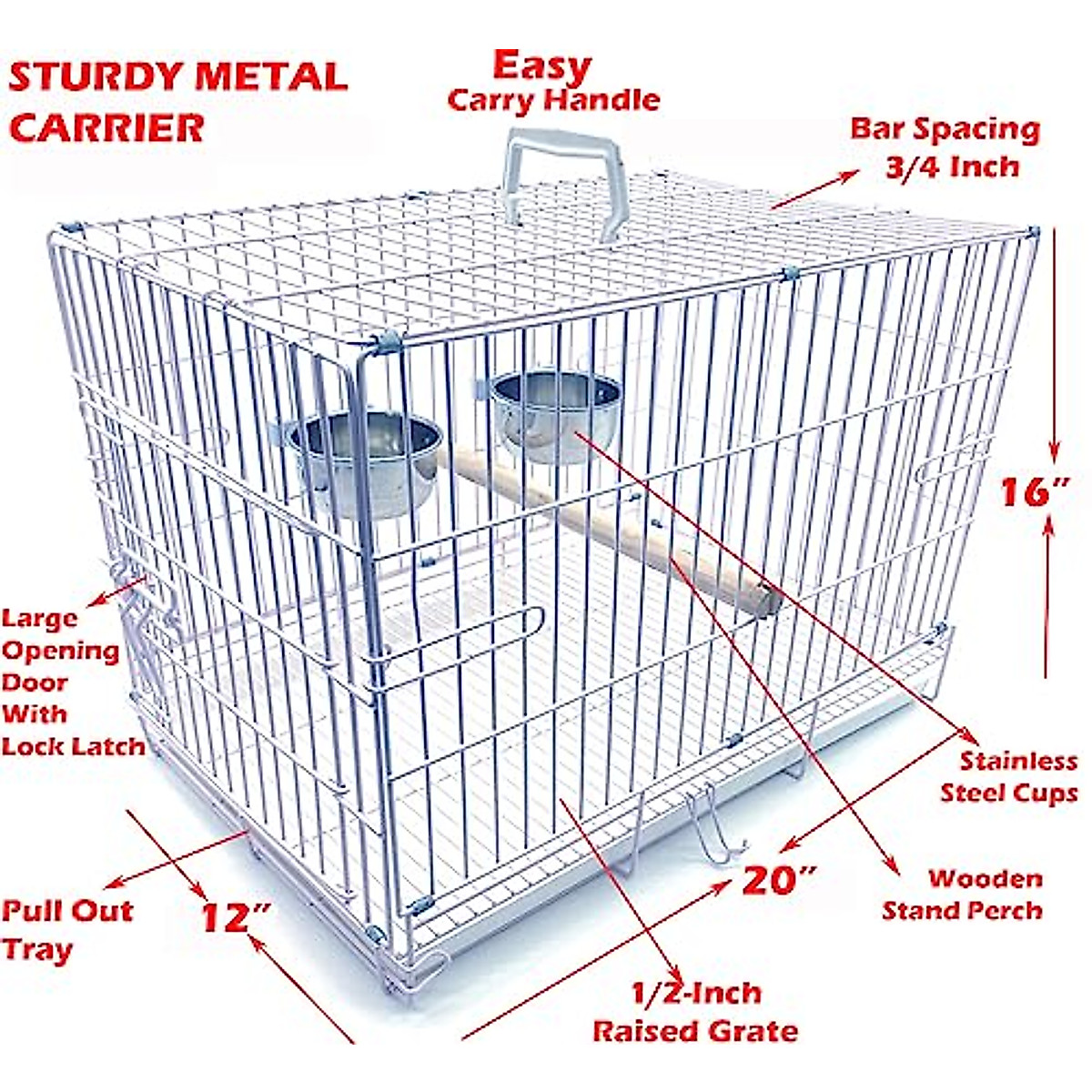 Collapsable Bird, Parrot, Dog, Bunny, Rabbit and Cat Carrier Travel Vet Carrier Cage (19" x 12" x 16"H, White)