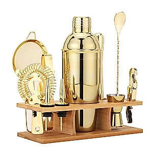 JNWINOG Shakers Bartending, 11Pcs-Cocktail Shaker Set Gold Drink Mixer with 25oz Martini Shaker,Muddler,Bar Spoon and More Professional for Home and Bartender.(Gold)