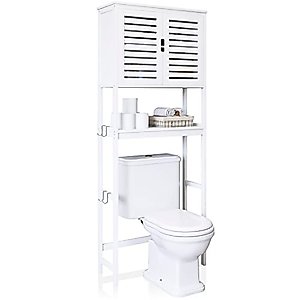 SMIBUY Bathroom Over The Toilet Storage Cabinet, 2 Door Bamboo Cabinet Organizer, Freestanding Space Saver Toilet Rack with Adjustable Inside Shelf and Open Shelf (White)