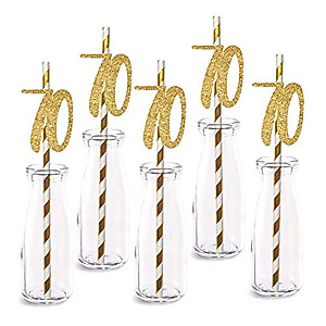 70th Birthday Paper Straw Decor, 24-Pack Real Gold Glitter Cut-Out Numbers Happy 70 Years Party Decorative Straws