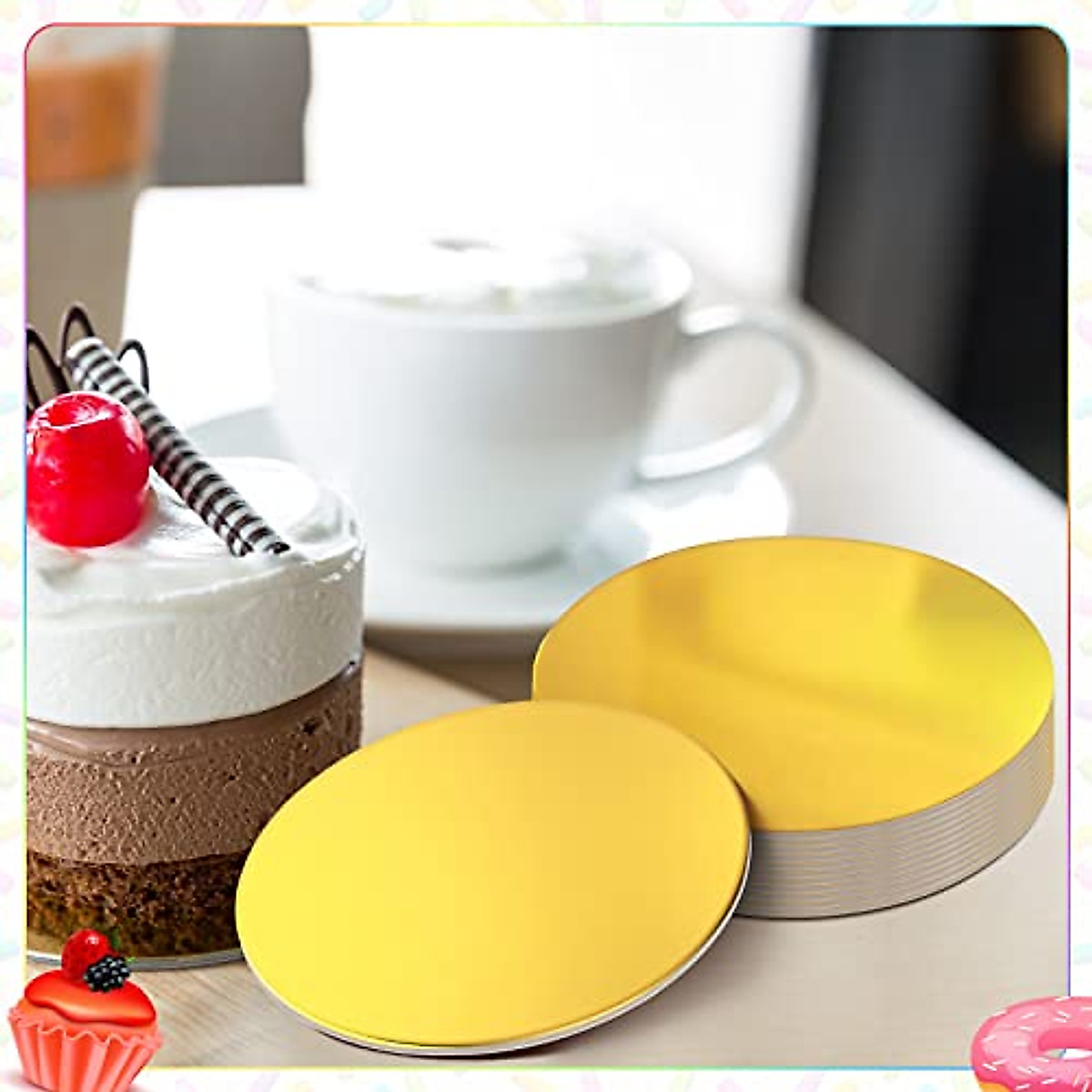 Honeydak 50 Pack Golden Cake Base Grease Proof Circle Plate Cardboard Rounds Mini Boards Laminated Mousse 4 Inch for Kitchen Baking Caking Pizza Dessert Cupcake Tiered Tray Display