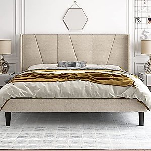 HOOMIC King Size Platform Bed Frame with Geometric Wingback Headboard, Wooden Slats Support, No Box Spring Needed, Modern Style in Beige