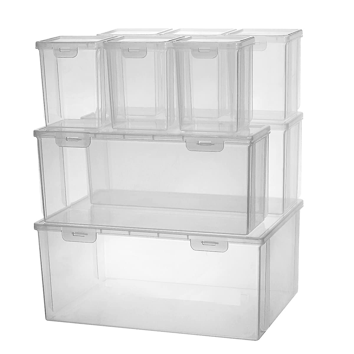 EZOWare 9 Pieces Clear Plastic Flip Top Latching Storage Box Container, Stackable Hinged Organization Bins With Latch Lid For Craft Room, Small Hobby - 3 Sizes