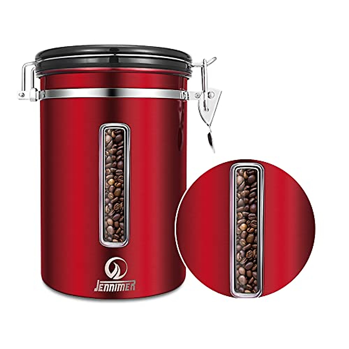 JENNIMER Coffee Canister - Large, Stainless Steel Airtight Coffee Containers with Transparent Window,Date Tracker, CO2-Release Valve and Measuring Scoop for Freshness of Storage Coffee(Red)