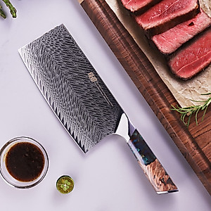 FINDKING Nebula Series Cleaver Knife, Multipurpose Chinese Chef Knife, 10Cr15CoMov Damascus Steel Blade, Resin and Figured Sycamore Handle, Full Tang, 7 Inch, Blue, for Meat, Vegetable Shredding