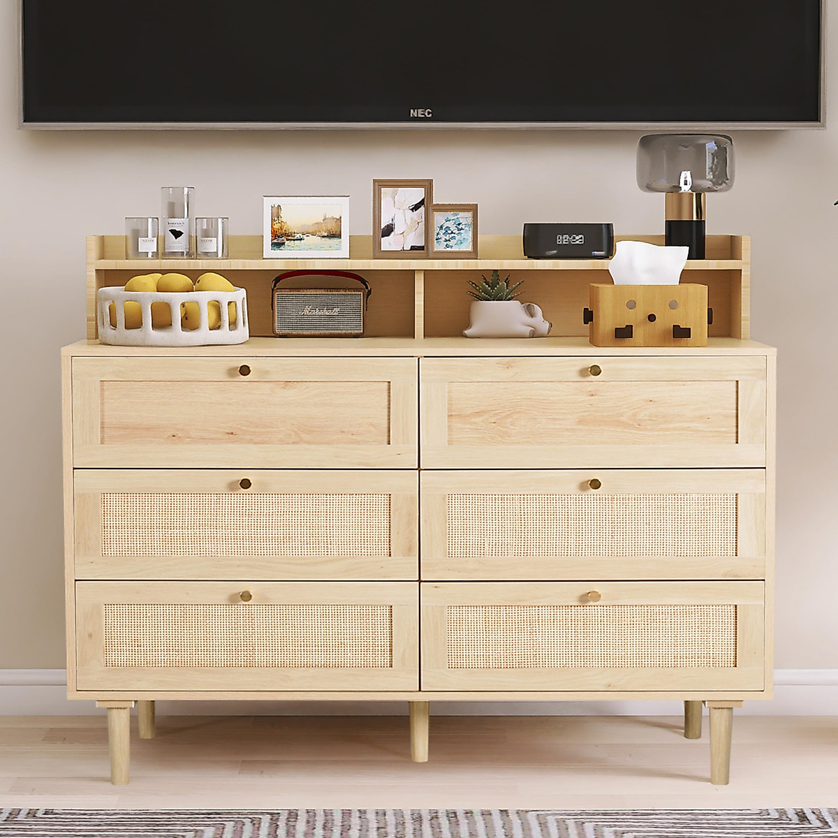 FUQARHY Rattan Dresser for Bedroom with Shelves, Modern 6 Drawer Double Dresser with Charging Station, Wood Chest of Drawers for Bedroom, Living Room, Hallway (Natural)