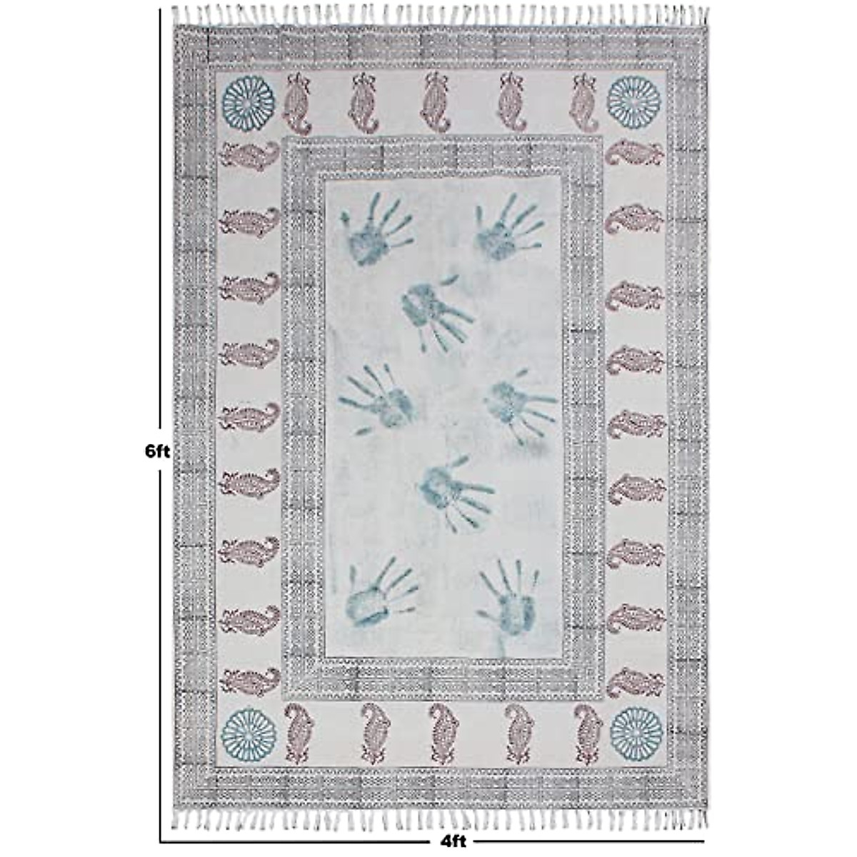 Casavani Hand Block Printed Cotton Dhurrie Bordered Blue & Brown Area Rug Doormat Floor Rug Indoor Area Rugs for Bedroom Living Room Laundry Room 6x8 Feet