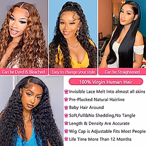 Alimog Water Wave Lace Front Wig, 100% Human Hair, Natural Color, 180 Density, 22-22.5 Inch Cap, Can Be Dyed and Curled