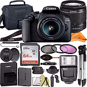 Canon EOS 2000D / Rebel T7 Digital SLR Camera 24.1MP with EF-S 18-55mm f/3.5-5.6 Lens + ZeeTech Accessory Bundle, SanDisk 64GB Memory Card, Wire Remote Control, Case and Flash (Renewed)