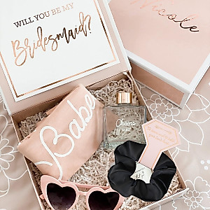 Bachelorette Party Favor Sunglasses and Satin Bridesmaid Scrunchies 7 Pack Set,Bachelorette Wedding Swim Party Proposal Gifts for Bridesmaids Women (Black)
