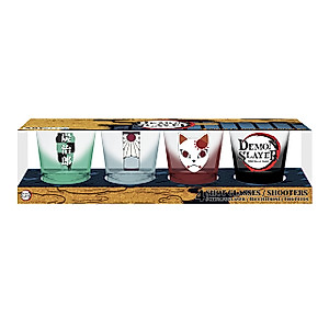 ABYSTYLE Demon Slayer Kimetsu No Yaiba Tanjiro Shot Glasses Tanjiro's haori, The Series Logo, Tanjiro's Warding Mask, and Tanjiro's Hanafuda Earrings Anime Manga Drinkware Gift 4 Pcs