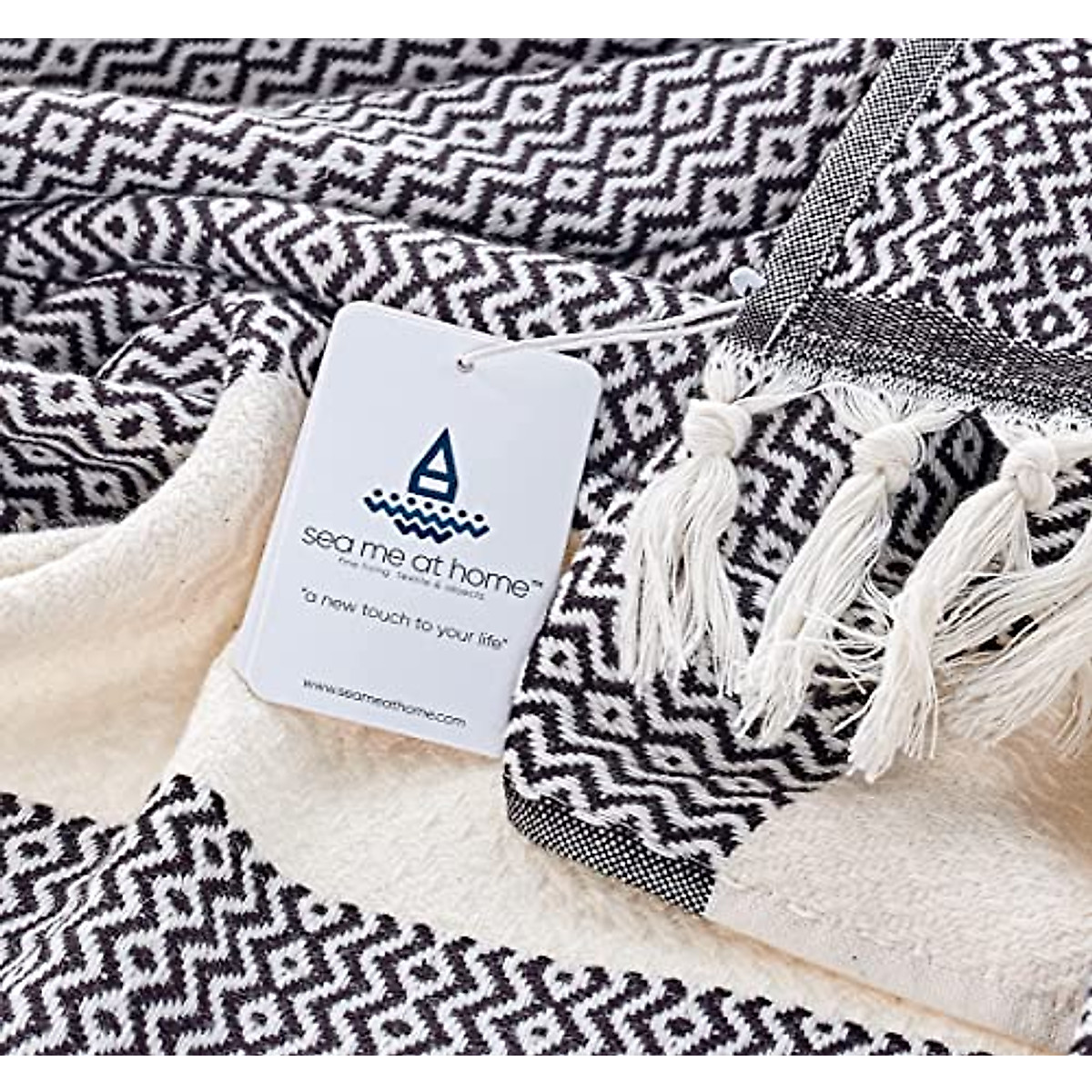 sea me at home 2 Pack Decorative Turkish Hand Towels for Bathroom with Bohemian Design, Dish Towels for Kitchen 100% Turkish Cotton Farmhouse Boho Kitchen Tea Towel Set, 14 x 29 Inches (Black)