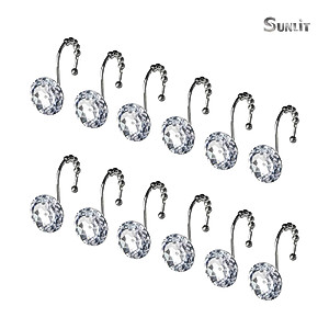 Sunlit Luxury Design Round Clear Diamond Crystal Gem Bling with Glide Balls Shower Curtain Hooks, Rust Proof Metal Rhinestones Glam Shower Curtain Rings-12 Pack