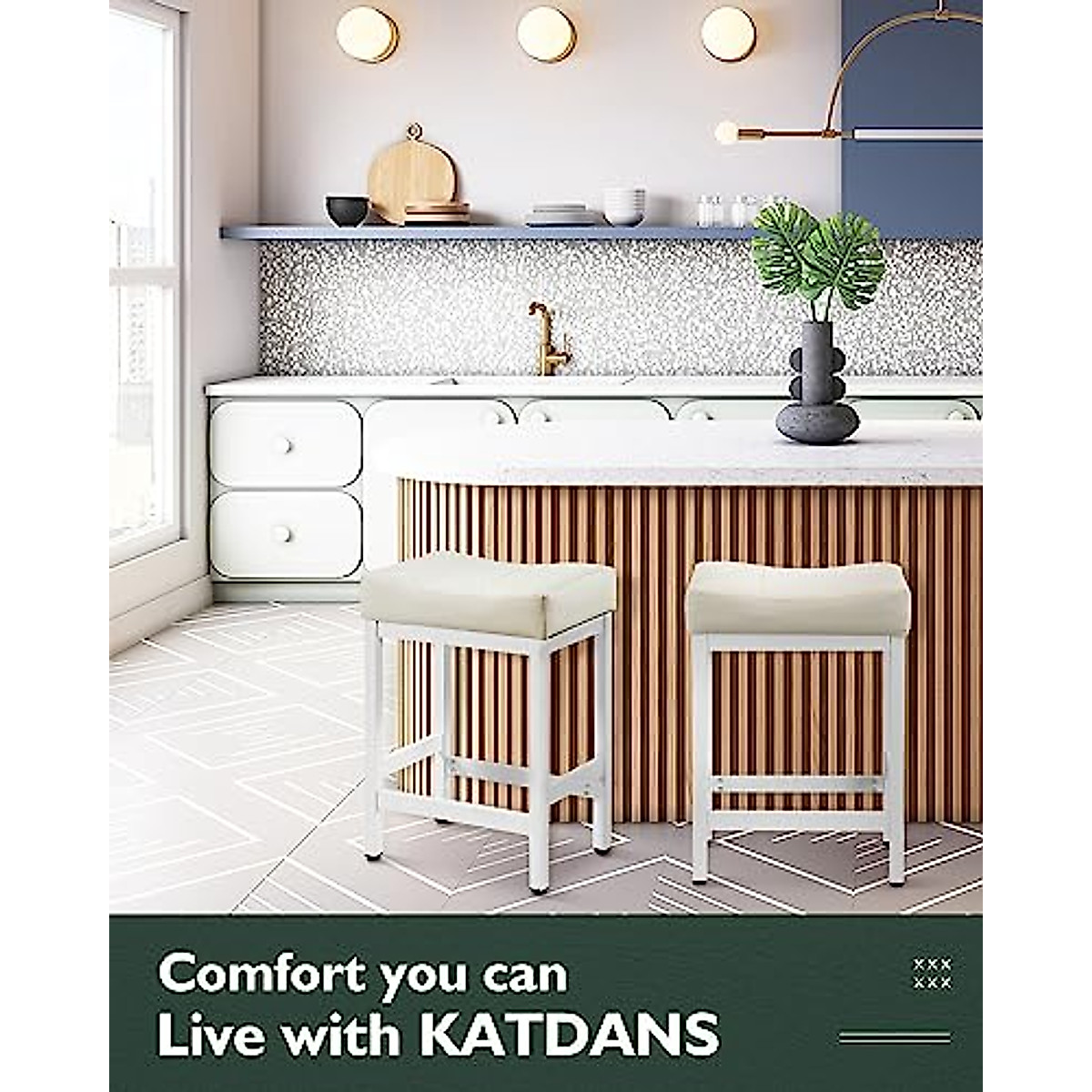 KATDANS Bar Stools Set of 2, 24" Counter Height Saddle Bar Stools, Upholstered PU Leather Bar Stools for Kitchen Island, Mid Century Modern Backless Barstools with Metal Base, KS861P-Cream, 2Pcs