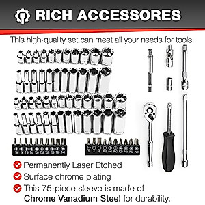 EACELIY 75pcs 1/4" Drive Impact Socket Set, Master Socket Set,Wrench Set with 1/4" Bit Adapter, Universal Joint, Ratchet, 1/4 "Drive Bit Set Extension (5/32" - 9/16 ", 4-14mm)