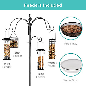 Best Choice Products 6-Hook Bird Feeding Station, Steel Multi-Feeder Kit Stand for Attracting Wild Birds w/ 4 Bird Feeders, Mesh Tray, Bird Bath, 5-Prong Base - Black