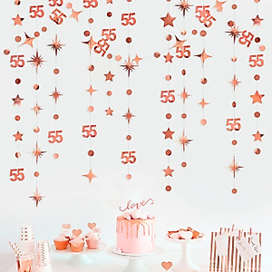 Rose Gold 55th Birthday Decorations Number 55 Circle Dot Twinkle Star Garland Metallic Hanging Streamer Banner Backdrop for 55 Years Old Birthday Happy 55th Anniversary Fifty Five Party Supplies
