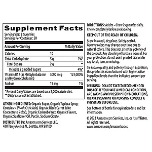 Amazon Basics Vitamin B12 3000 mcg Gummies, Normal Energy Production and Metabolism, Immune System Support, Raspberry, 100 Count (2 per serving) (Previously Solimo)
