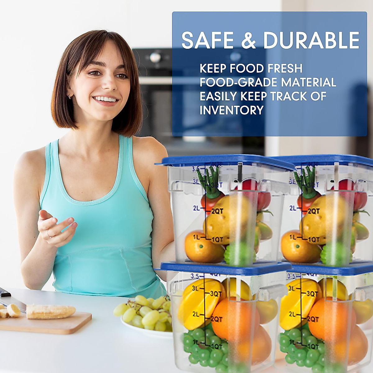 Lallisa 8 Pack 4 Qt Clear Food Storage Container with Handles and Lid Commercial Grade Square Food Storage Containers with Lids Polycarbonate Storage Container for Home Kitchen Restaurant