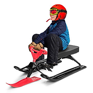 Costzon Snow Racer Sled, Ski Sled with Steering Wheel & Twin Brakes, Durable Steel Frame, Great Weight Capacity of 220 LBS, Classic Downhill Steerable Sled for Kids Teenagers Adult (Red)