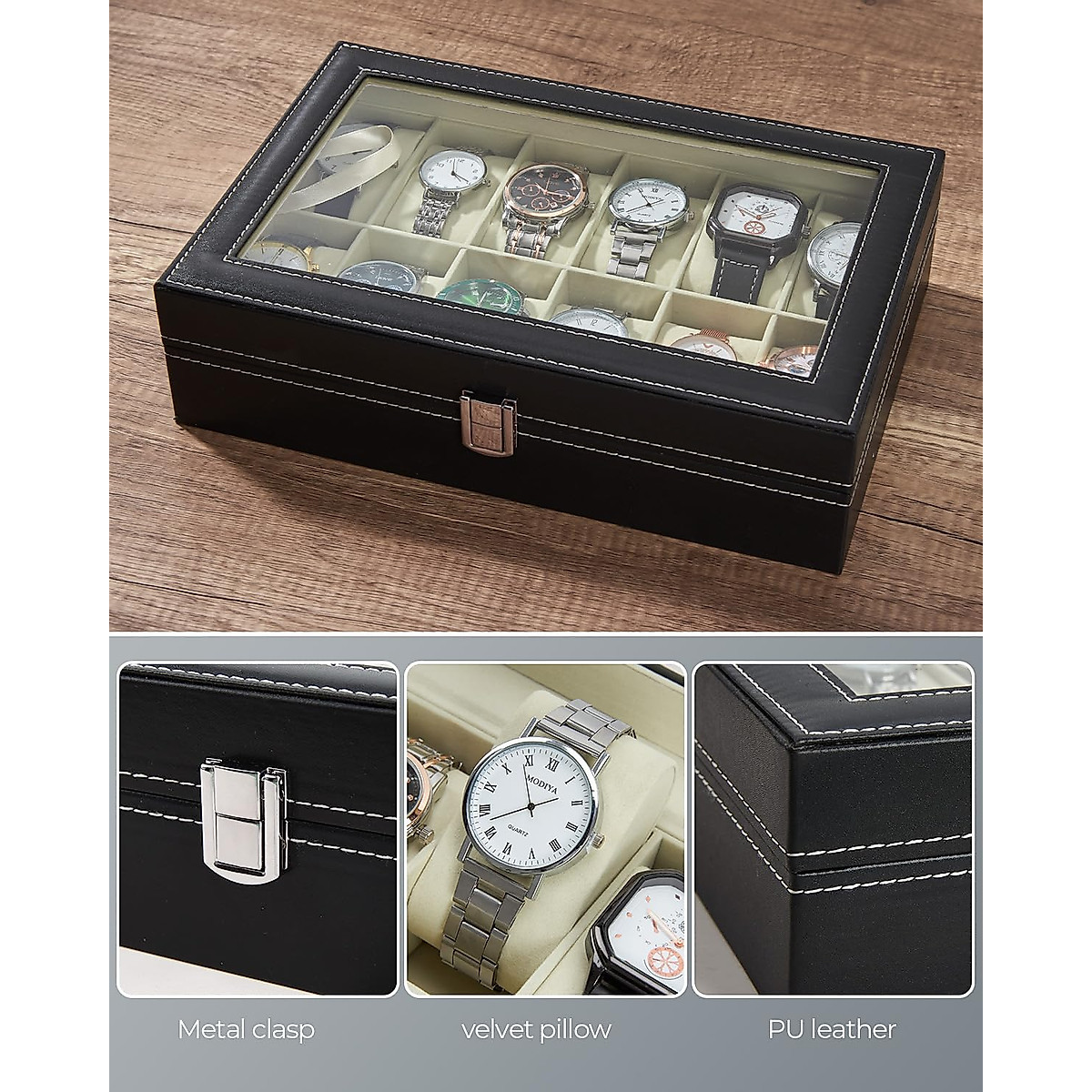 Ohuhu Watch Case, 12 Slot PU Leather Real Glass Lid, Watch Box Watch Holder Organizer Display Storage Box Soft Velvet Jewelry Box for Men and Women Birthday