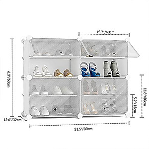 UNZIPE Shoe Rack Organizer, 4 Cube 8 Tier Covered Storage Cabinet 16 Pairs Freestanding DIY Shelves Plastic Shoes for Closet Entryway Hallway Bedroom or Garage, White
