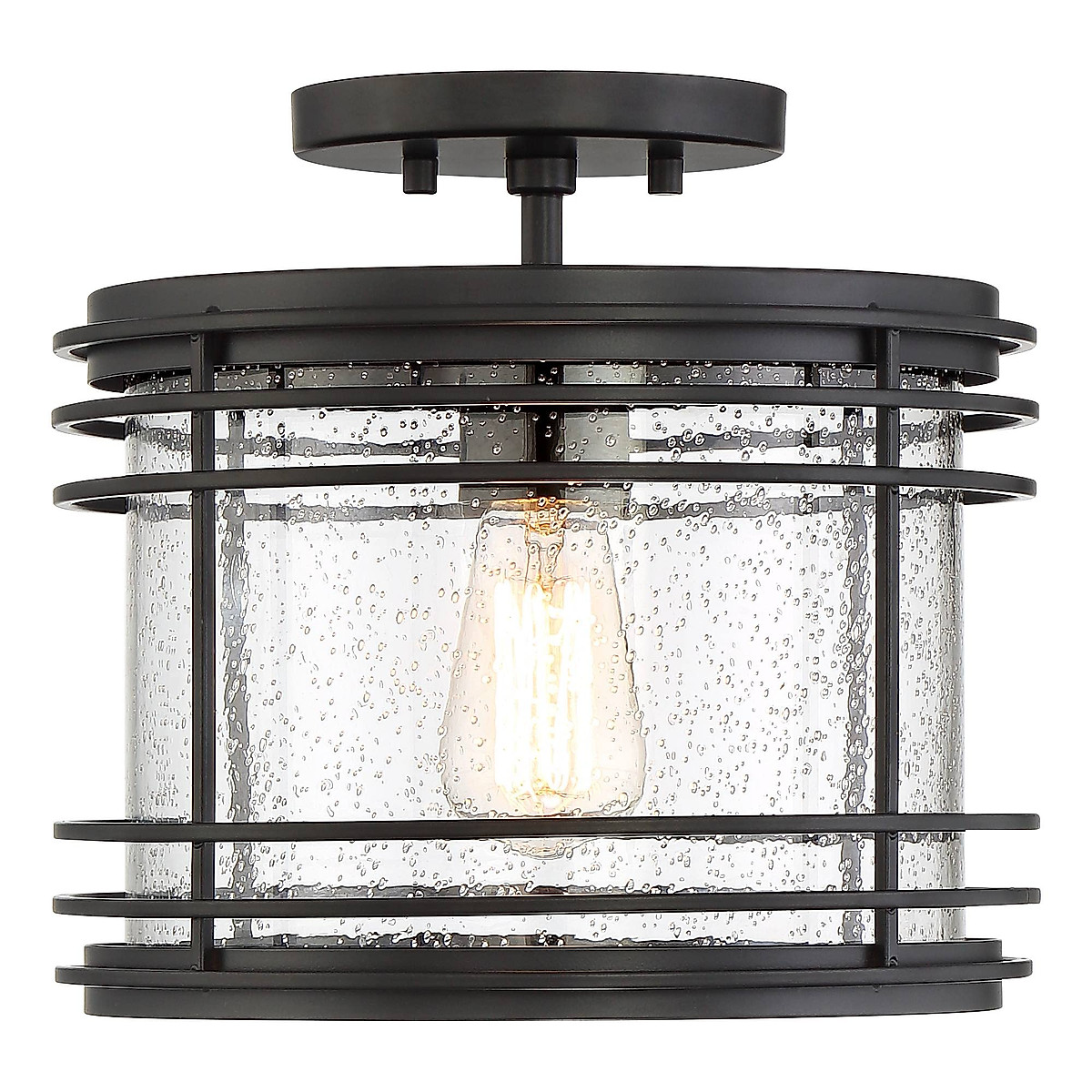 Possini Euro Design Mackie Modern Outdoor Semi Flush-Mount Ceiling Light Fixture Black Geometric 11" Clear Seedy Glass for Exterior House Porch Patio Outside Deck Garage Front Door Garden Home