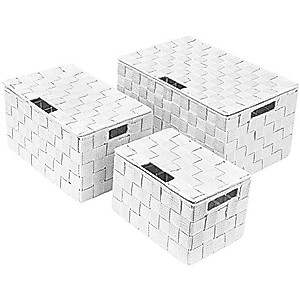 Sorbus Storage Box Woven Basket Bin Container Tote Cube Organizer Set Stackable Storage Basket Woven Strap Shelf Organizer Built-In Carry Handles (Lid Bins - 3 Pack, White)