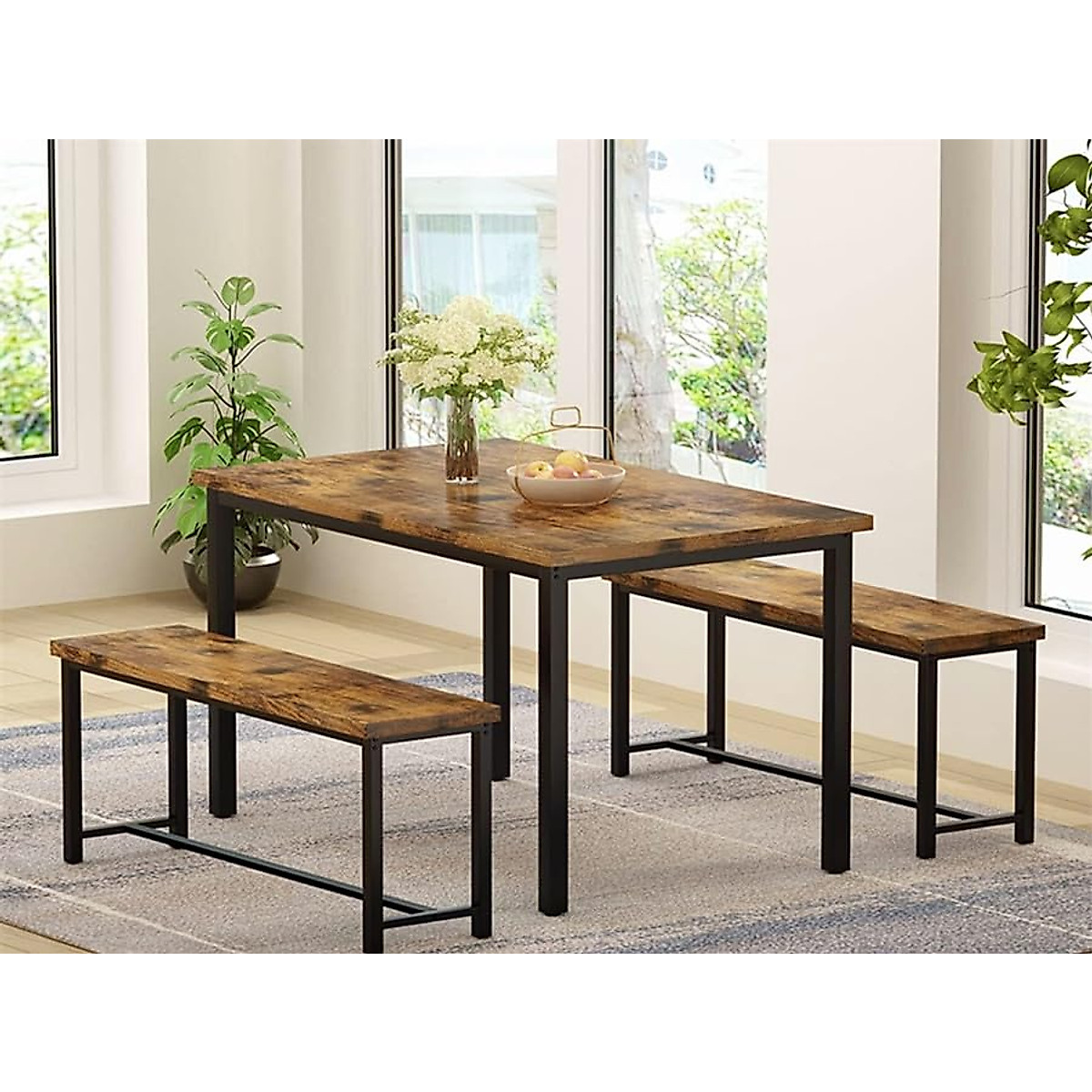Hooseng Kitchen Table Set with Two Benches, Dining Table Set for 4-6 Persons, Space-Saving 47 Inch Small Kitchen Table Set for Breakfast Nook, Living Room, Apartment, Restaurant, Rustic Brown