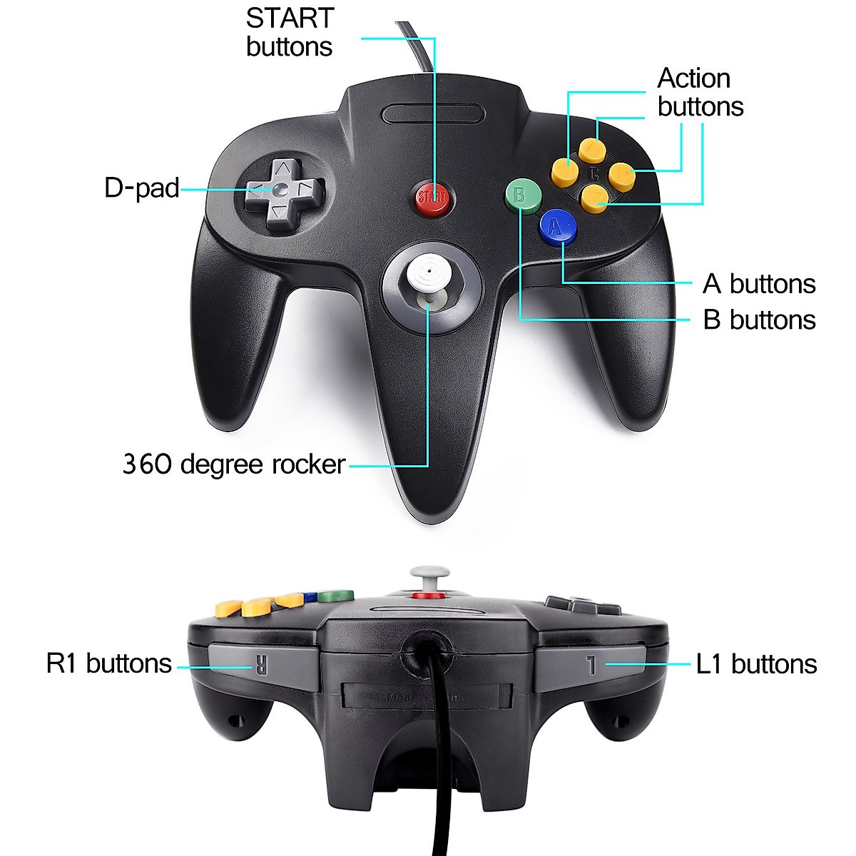 miadore N64 Classic Controller, Retro N64 64-bit Remote Gamepad Joystick for N64 Console Video Game System (Black)
