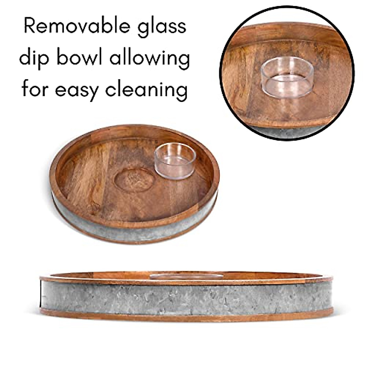 BIRDROCK HOME Wooden and Iron Chip and Dip Serving Tray- Glass Dip Bowl - Salsa Appetizer Serveware - Veggie, Shrimp, Guacamole, Cheese, Chips, or Pita Tray - Party Platter - Extra Large