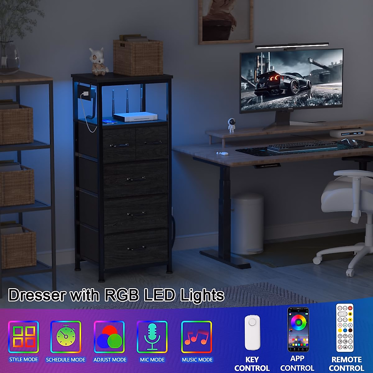 3 Drawer Dresser and LED Dresser with Charging Station