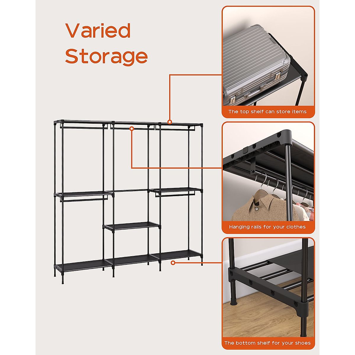 CASAMAYA Clothes Rack, Portable Closet, 80.7 Inch Extra Large Capacity Wardrobe Closet, Clothes Storage Organizer with Shelves and 5 Hanging Rods, Easy to Assembly, Black PCT036B01