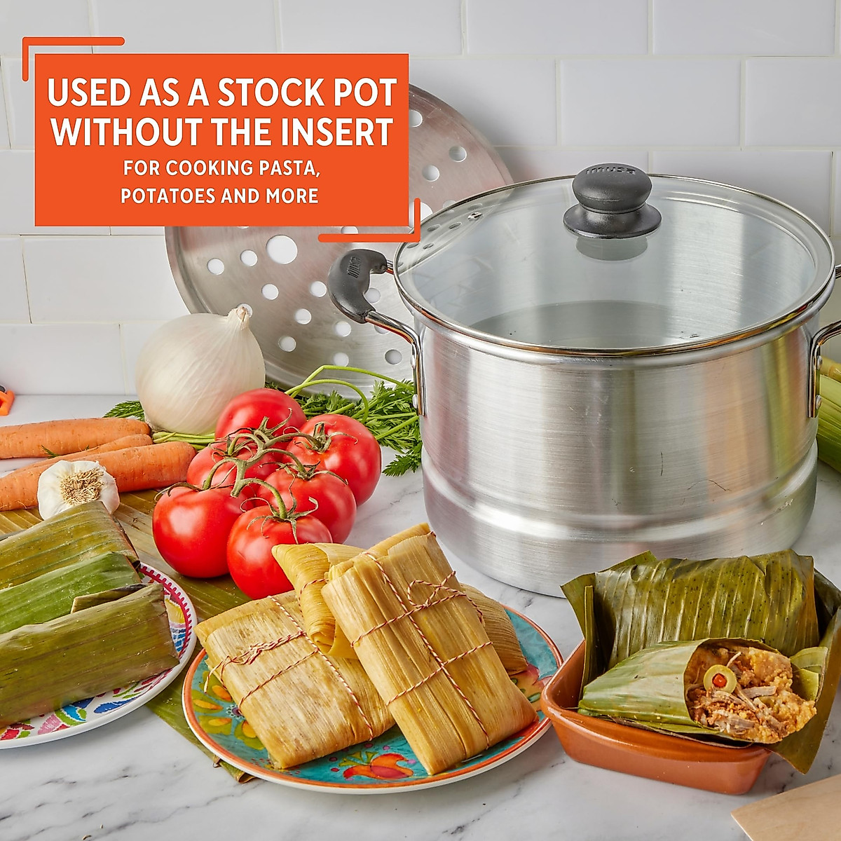 IMUSA USA MEXICANA-410 Aluminum Steamer with Glass Lid 10-Quart, Silver, 10Qt