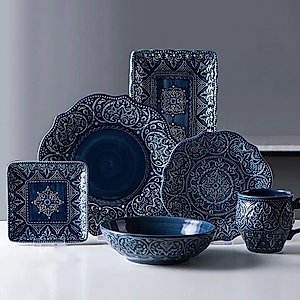 EVANEM Dinner Plate Set Retro Ceramic Tableware Tableware Set Embossed Western Plate Tableware Steak Plate Round Salad Noodle Soup