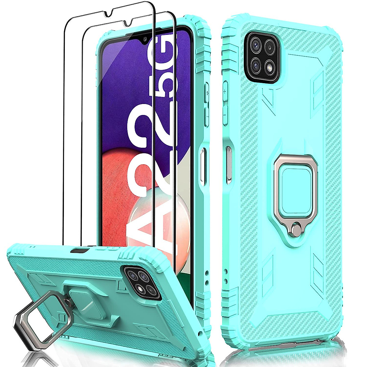 Milomdoi Case for Samsung Galaxy A22 5G with 2 Pack Screen Protector, [Not fit 4G] [Military Grade Protective ] Heavy Duty 360° Finger Ring Kickstand Cover for Samsung A22 5G Phone Case-Light Green