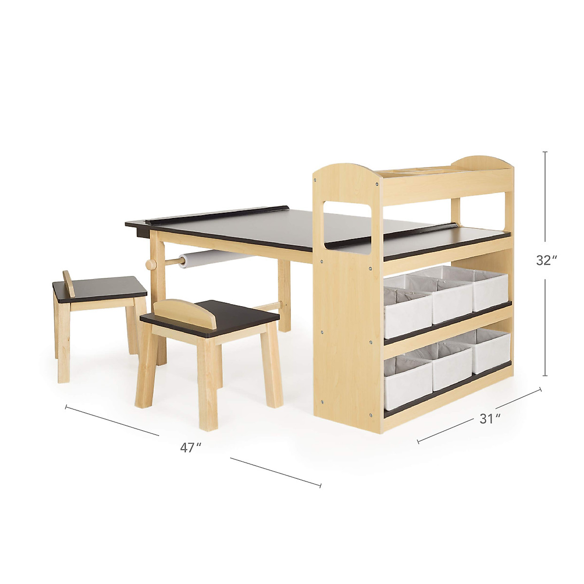 Guidecraft Deluxe Art Center: Drawing and Painting Table for Kids, W/ Two Stools, Craft Supplies Storage Shelves, Canvas Bins, Paper Roll – Preschool Toddler Wooden Learning Furniture