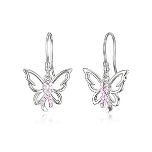 Butterfly Dangle Earrings Sterling Silver Breast Cancer Awareness Earrings Pink Ribbon Earrings Breast Cancer Survivor Gifts for Women