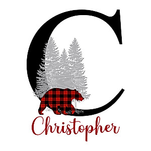 Personalized Woodland Bear Buffalo Plaid Baby Boy Nursery Decor Unframed Print - Baby Name Letter Initial Monogram