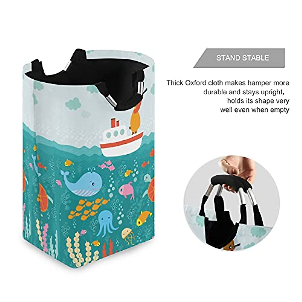 Rabbit Hare on Ship Dolphin Sea Turtle Fishes Octopus Turquoise Ocean Laundry Hamper Basket Bucket, Foldable Dirty Clothes Bag, Waterproof Fabric Washing Bin, Toy Storage with Handles for Bathroom